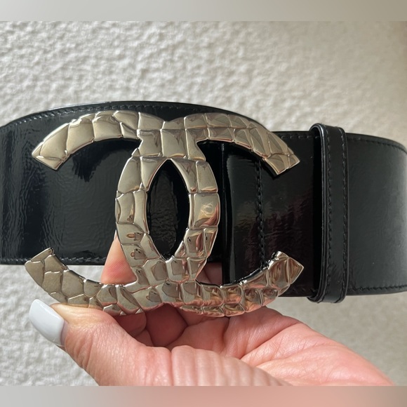 CHANEL | Accessories | Chanel Black Wide Patent Leather Large Cc Belt ...